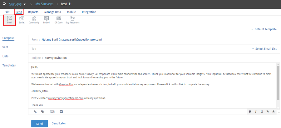 Sending Survey via Email Invitation | QuestionPro Help Document