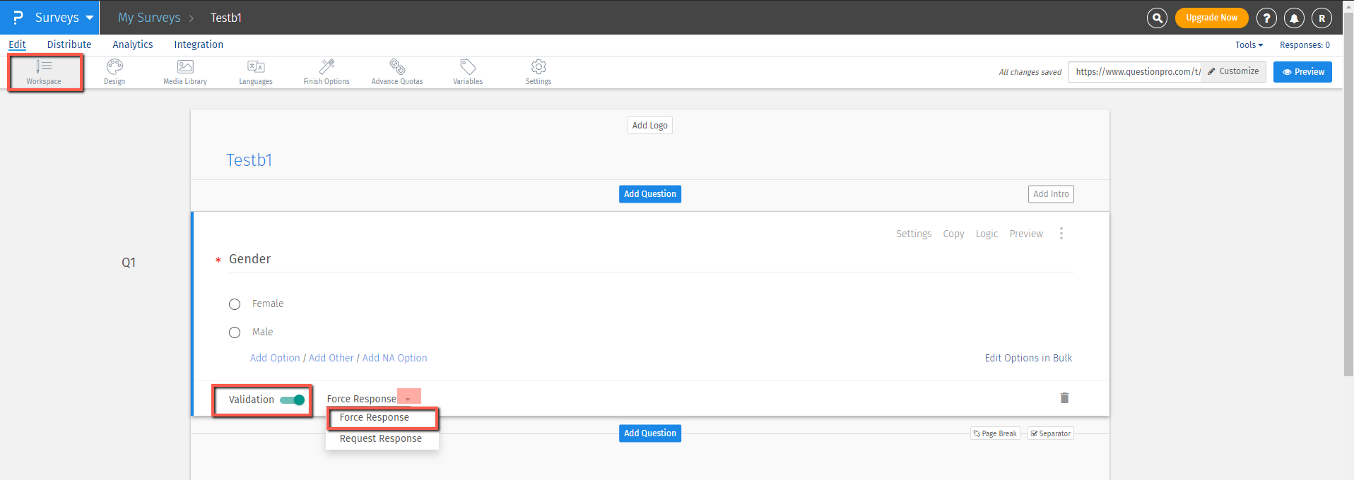Making a question required - validation | QuestionPro Help Document