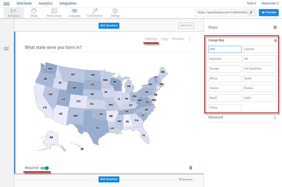 Cambiar mapa - Tipo de pregunta de mapa | QuestionPro Base de conocimientos