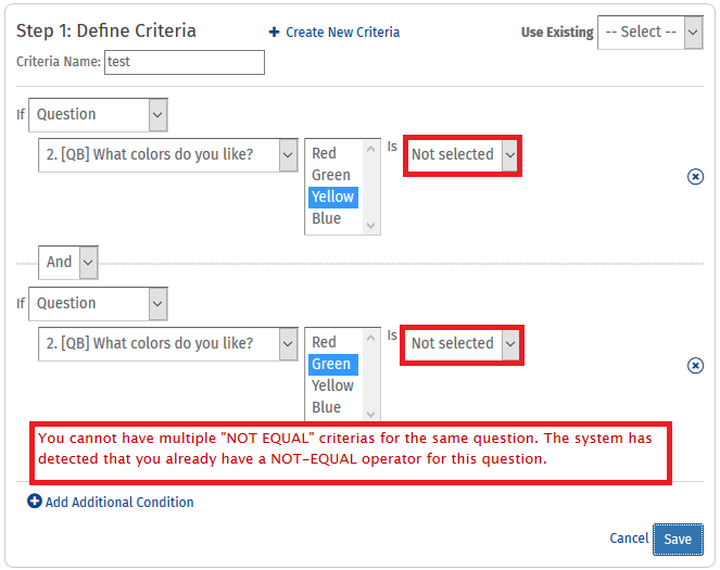 Multiple Not Selected criterias for the same question - Issues ...