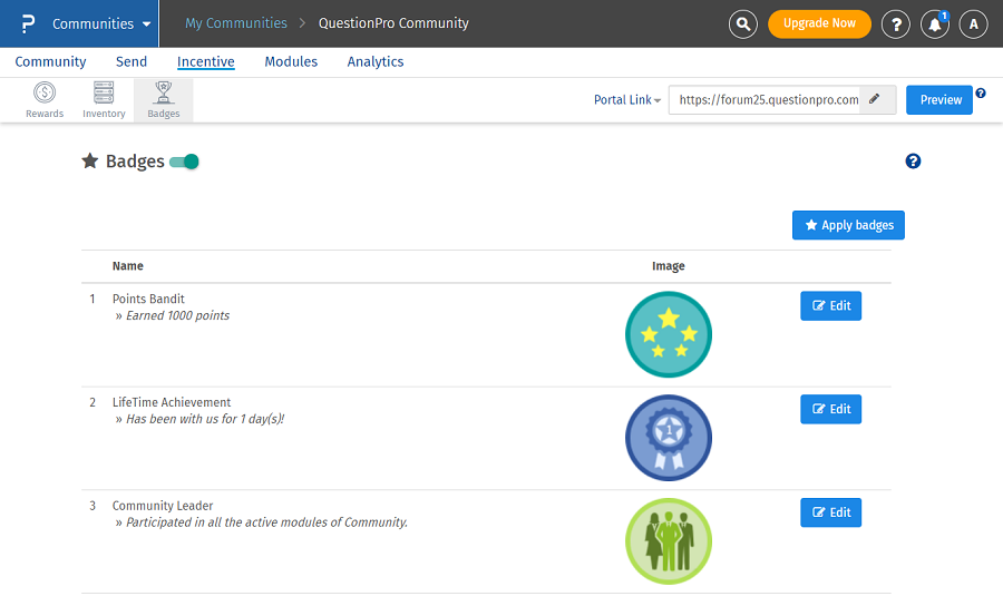 Communities - Badges | QuestionPro Help Document