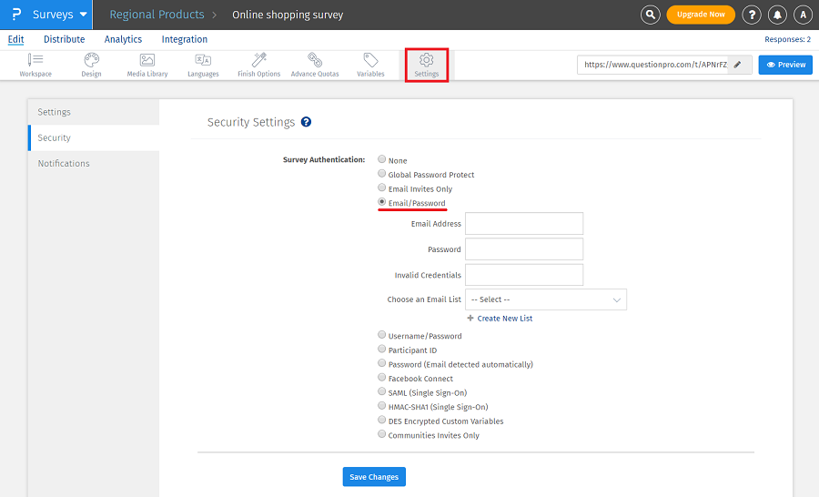 Survey email and password protect | QuestionPro Knowledge Base