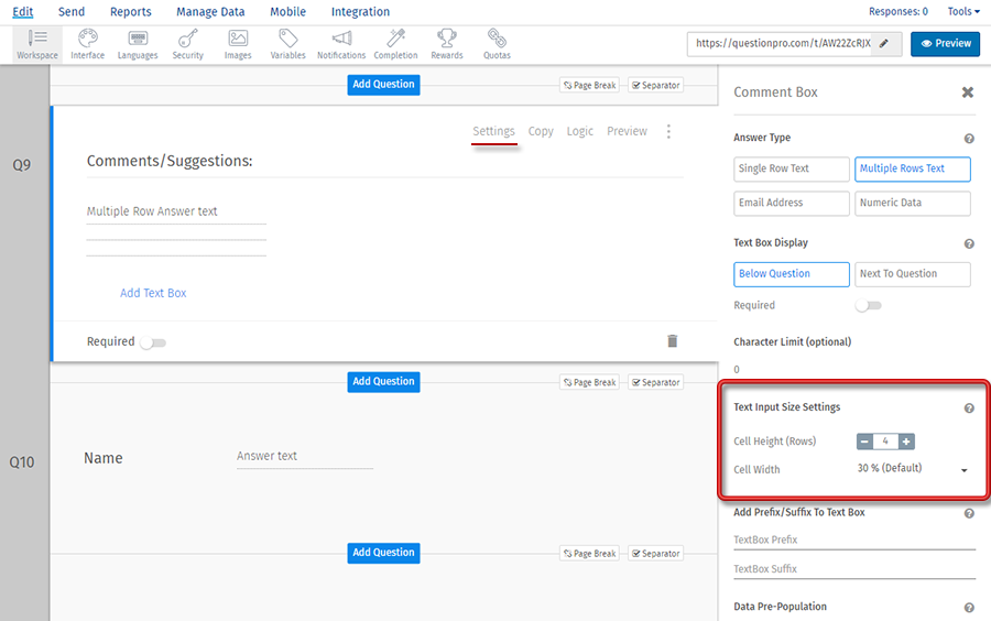 Text Input Size Settings | QuestionPro Help Document